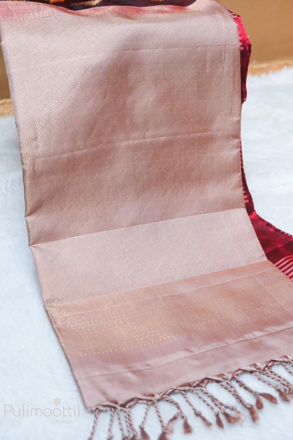 Burnt Maroon & Ivory Cream Pure Soft Silk Saree – Party & Bridal Wear