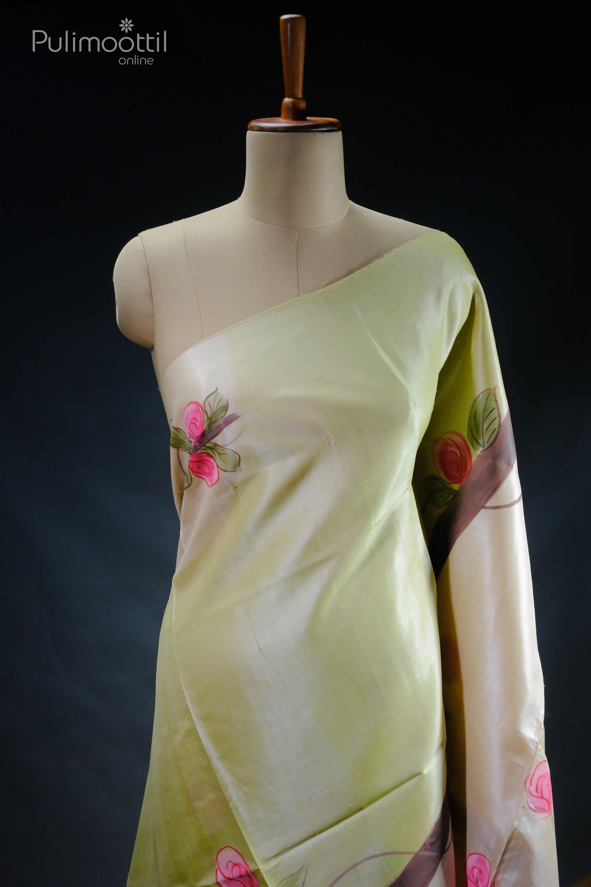 Cream & Light Pista Green Tussar Silk Saree – Floral Design for Women