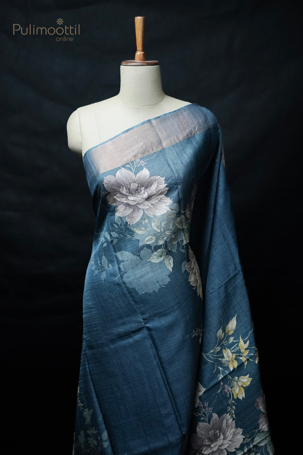 Buy Dark Teal Blue Tussar Silk Saree | Pulimoottil Silks